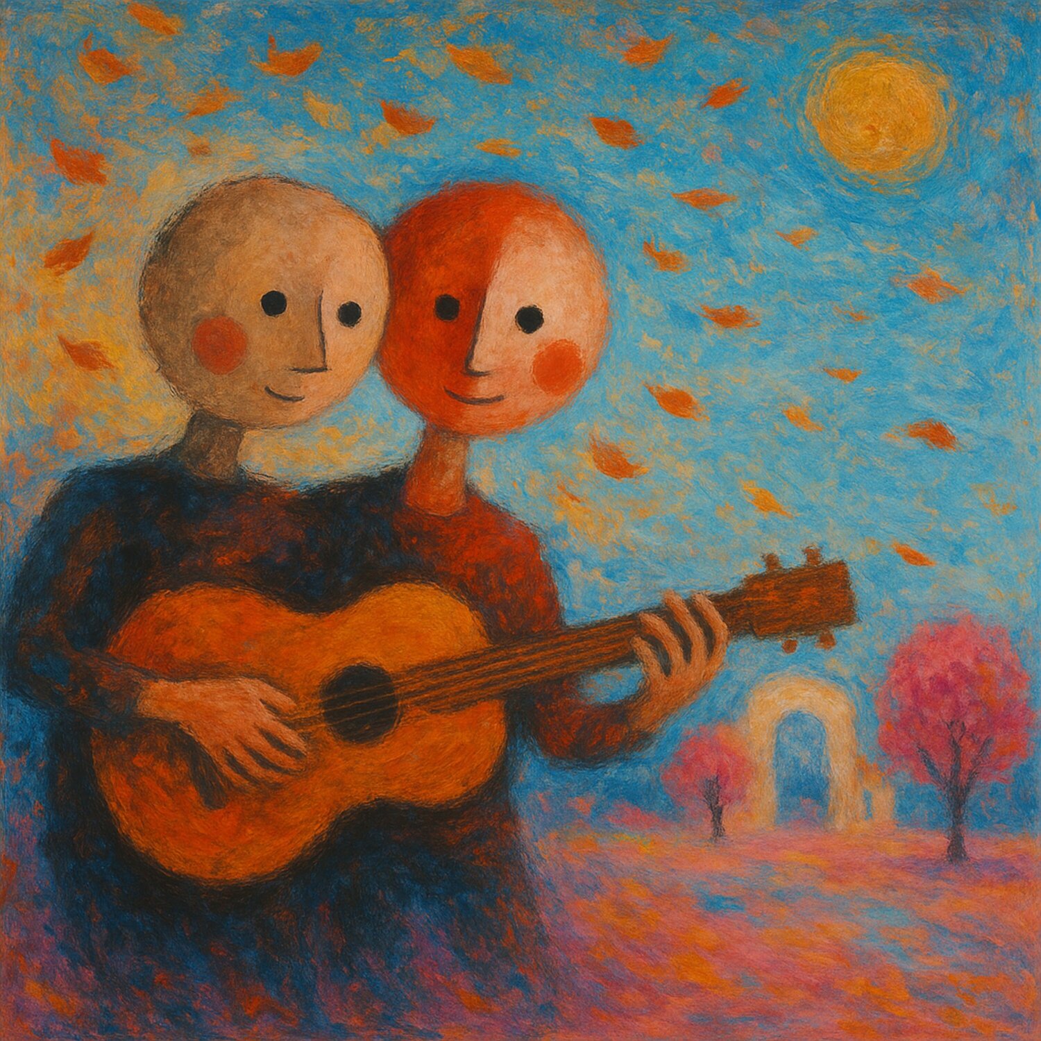 Zwei Seelen spielen im Herbst door Steven Elijah Neuhaus (2025) : Schilderij Acryl, Waterverf op ...